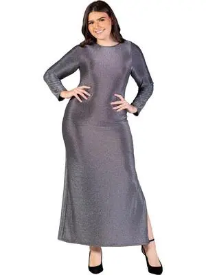 24SEVEN COMFORT APPAREL Fitted Long Sleeve Shimmery Maxi Dress - Silver