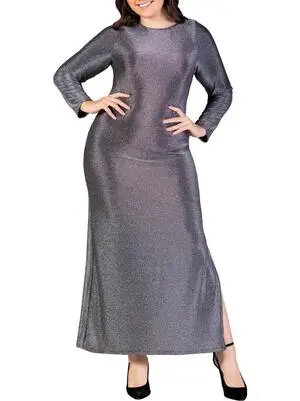 24SEVEN COMFORT APPAREL Shimmery Long Sleeve Maxi Dress - Silver