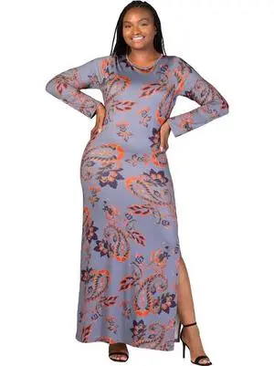 24SEVEN COMFORT APPAREL Long Sleeve Side Slit Fitted Maxi Dress - Grey Multi