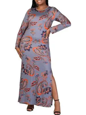 24SEVEN COMFORT APPAREL Long Sleeve Side Slit Fitted Maxi Dress - Orange Multi