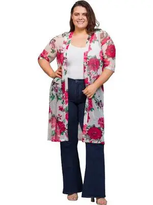 24SEVEN COMFORT APPAREL Floral Duster Cardigan - White Multi