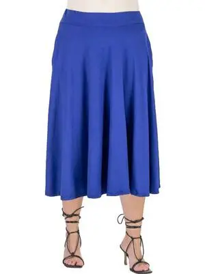 24SEVEN COMFORT APPAREL Elastic Waist Pleated Midi Skirt - Navy