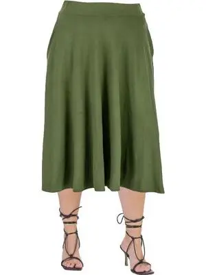 24SEVEN COMFORT APPAREL Elastic Waist Pleated Midi Skirt - Olive