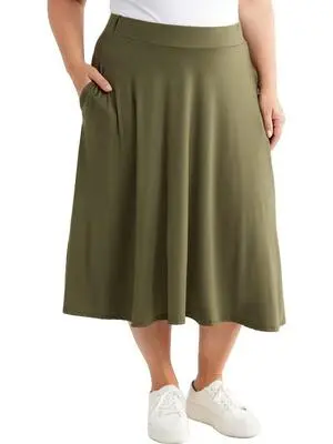 24SEVEN COMFORT APPAREL Flowy Jersey Midi Skirt - Olive