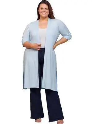24SEVEN COMFORT APPAREL Open Front Knee Length Duster Cardigan - Blue
