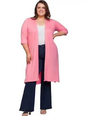 24SEVEN COMFORT APPAREL Open Front Knee Length Duster Cardigan - Coral