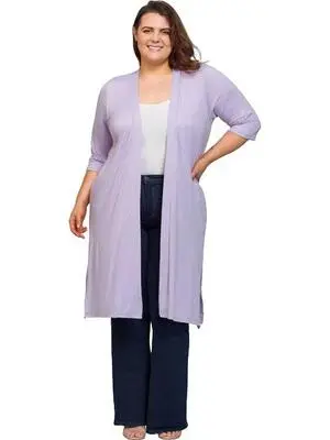 24SEVEN COMFORT APPAREL Open Front Knee Length Duster Cardigan - Lilac