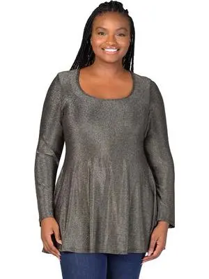 24SEVEN COMFORT APPAREL Scoop Neck Long Sleeve Metallic Tunic Top - Gold