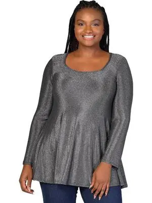 24SEVEN COMFORT APPAREL Scoop Neck Long Sleeve Metallic Tunic Top - Silver