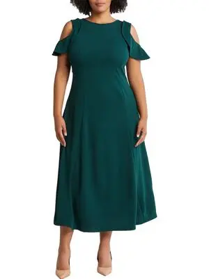 24SEVEN COMFORT APPAREL Ruffle Cold Shoulder Maxi Dress - Hunter