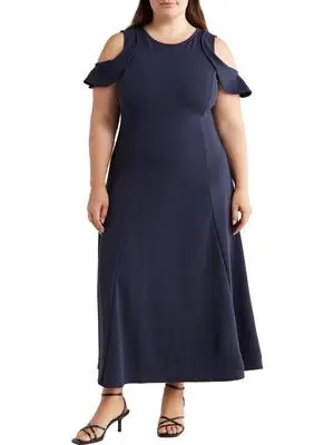 24SEVEN COMFORT APPAREL Ruffle Cold Shoulder Maxi Dress - Navy