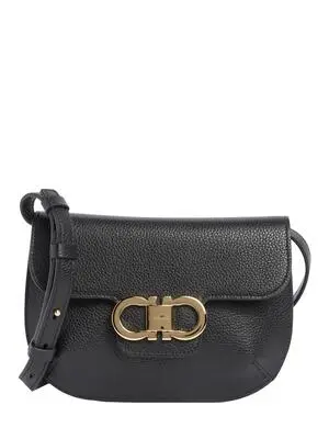 FERRAGAMO Lizzy Double Gancio Leather Crossbody Bag - Nero/flame Red