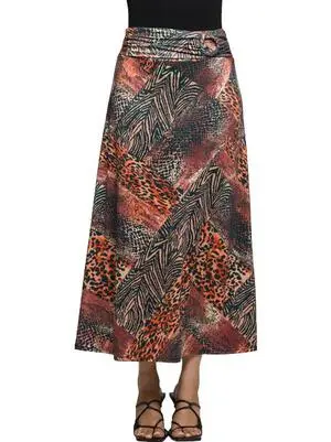 24SEVEN COMFORT APPAREL Animal Patchwork Print Maxi Skirt - Brown Multi