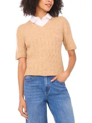 Vince Camuto Layered Look Cable Knit Short Sleeve Sweater - Latte Heather