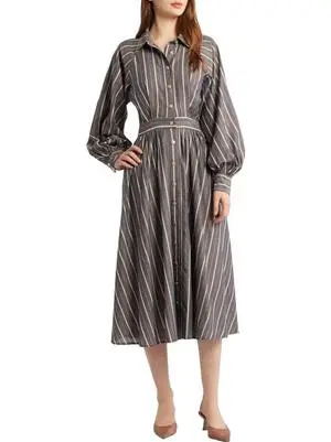 FREEMARKET Striped Pleated Long-sleeve Midi Shirtdress - Charcoal