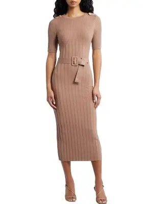FREEMARKET Belted Ribbed Midi Sweater Dress - Mocha