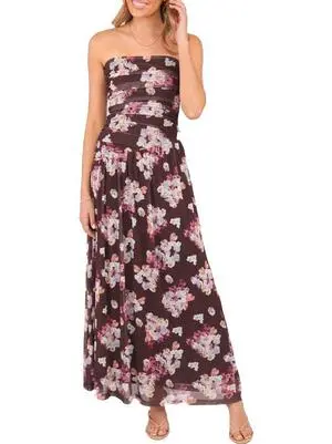 PETAL & PUP Floral Strapless Mesh Maxi Dress - Purple Floral