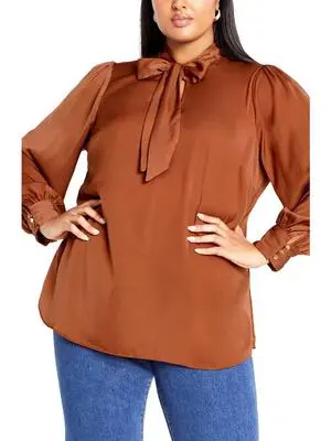 City Chic Charmeuse Bow Blouse Toffee