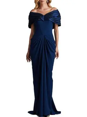 Tadashi Shoji Off-the-shoulder Ruched Crepe Gown - Navy