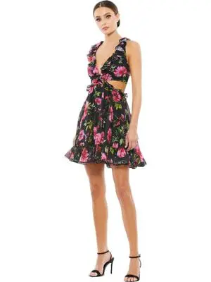 Mac Duggal Floral Mini Dress With Ruffled V-neckline - Black Multi