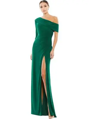 Mac Duggal Ruched Jersey Drop Shoulder Foldover Gown - Green