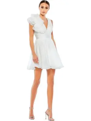 Mac Duggal Ruffle V-neck Fit & Flare Mini Dress - White