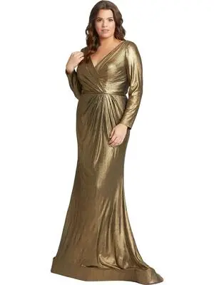 Mac Duggal Metallic Jersey Gown With Train - Bronze