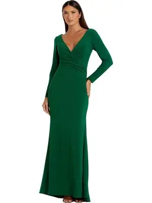Mac Duggal Long Sleeve Ruched Jersey V-neck Gown - Green