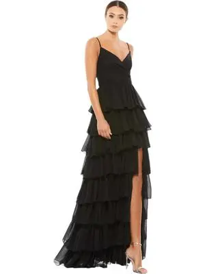 Mac Duggal V-neck Sleeveless Chiffon Gown With Ruffled Skirt - Black