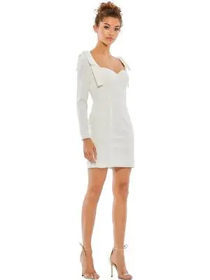 Mac Duggal Bow Shoulder Long Sleeve Sweetheart Fitted Mini Dress - White