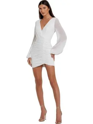 Mac Duggal Long Blouson Sleeve Ruched Mini Dress - White