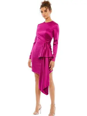 Mac Duggal Satin Long Sleeve Dress Magenta