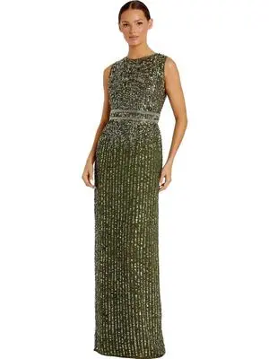Mac Duggal Sequined High Neck Sleeveless Column Gown - Green