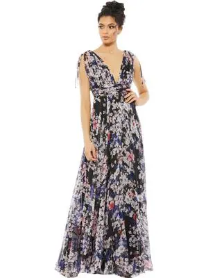 Mac Duggal Floral Tie Shoulder V-neck Maxi Dress - Black Multi