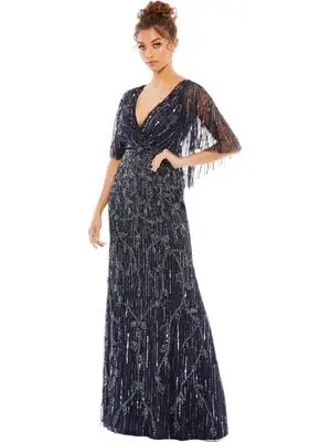 Mac Duggal Sequin And Bead Embellished Evening Gown - Navy