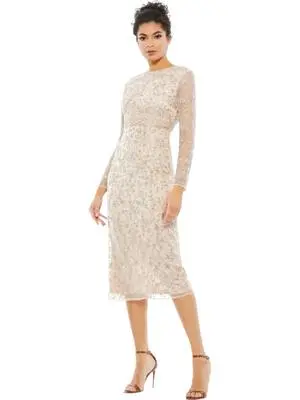 Mac Duggal Beaded Tea Length Dress With Sheer Sleeves - Neutral