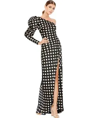 Mac Duggal One-shoulder Polka Dot Gown - Black/white