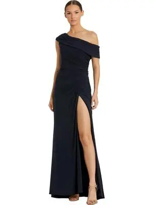 Mac Duggal Foldover Off-the-shoulder Slit Gown - Navy