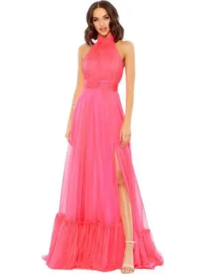 Mac Duggal High Neck Tiered Chiffon Halter Gown - Pink