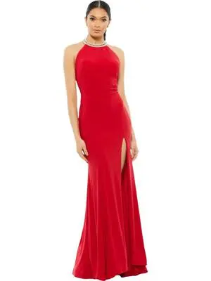 Mac Duggal Beaded Halter Jersey Gown - Red