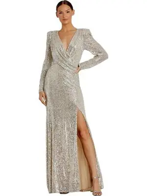Mac Duggal Sequin Long-sleeve Faux Wrap Ruched Gown - Silver