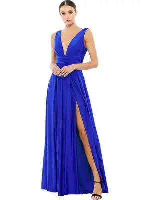 Mac Duggal Jersey Plunge Neck Evening Gown - Blue