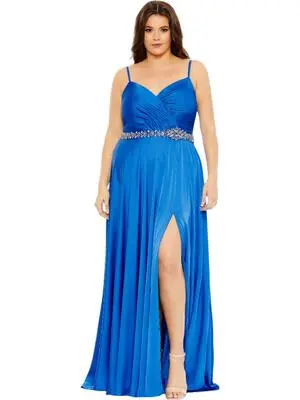 Mac Duggal Bejeweled Waist Faux Wrap Gown - Cobalt
