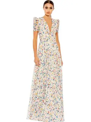Mac Duggal Floral Print Chiffon V-neck Gown - Pink/multi