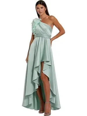 Mac Duggal Ruffled One-shoulder Hi-low Gown With Cut Out - Green