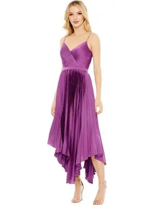 Mac Duggal Pleated Satin Flowy Midi Dress - Amethyst