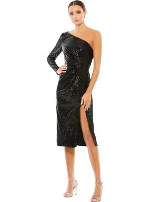 Mac Duggal Ruched Sequined One-shoulder Midi Dress - Black