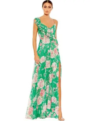 Mac Duggal Floral-printed Chiffon Maxi Dress - Green Multi