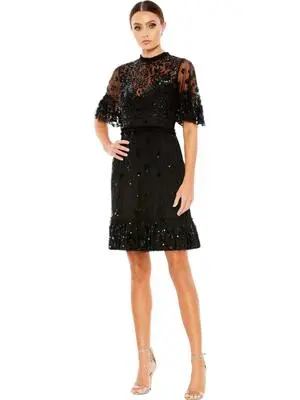 Mac Duggal Embellished Illusion High Neck Mini Dress - Black