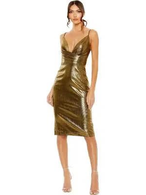 Mac Duggal Metallic Jersey V-neck Midi Dress - Gold
